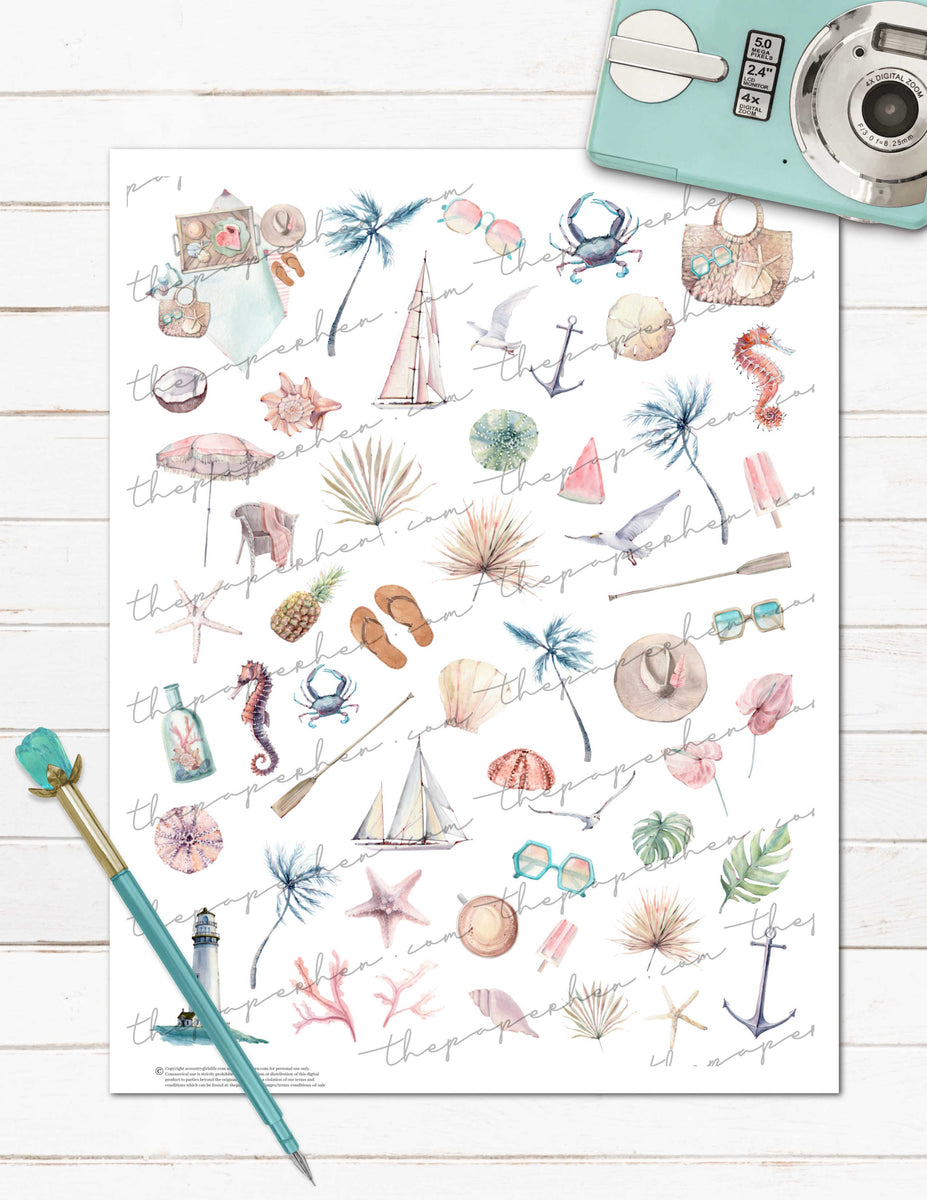 Beach Tropical Watercolor Printable Planner Sticker Kit – The Paper Hen