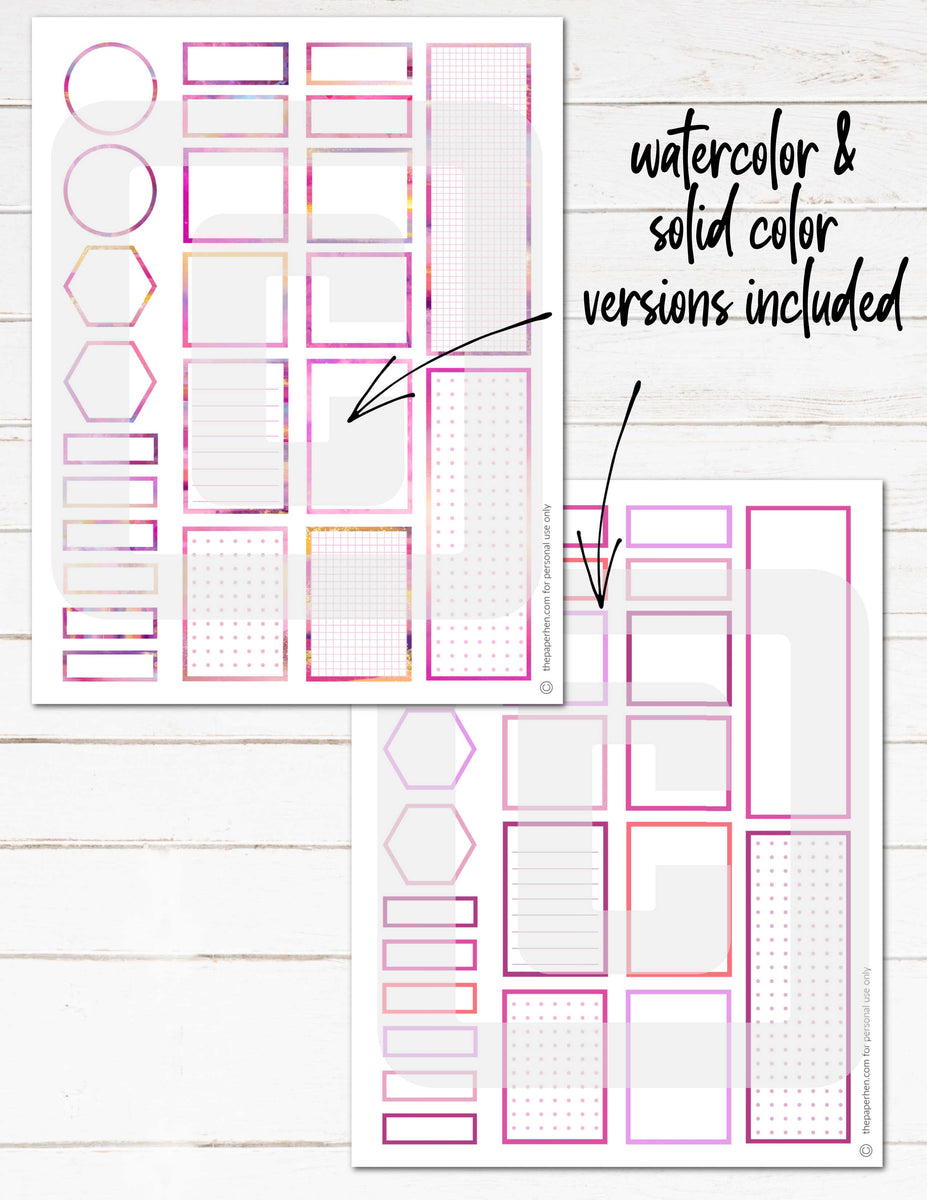 Printable Functional Planner Stickers Colorful Boxes -Watercolor & Sol ...